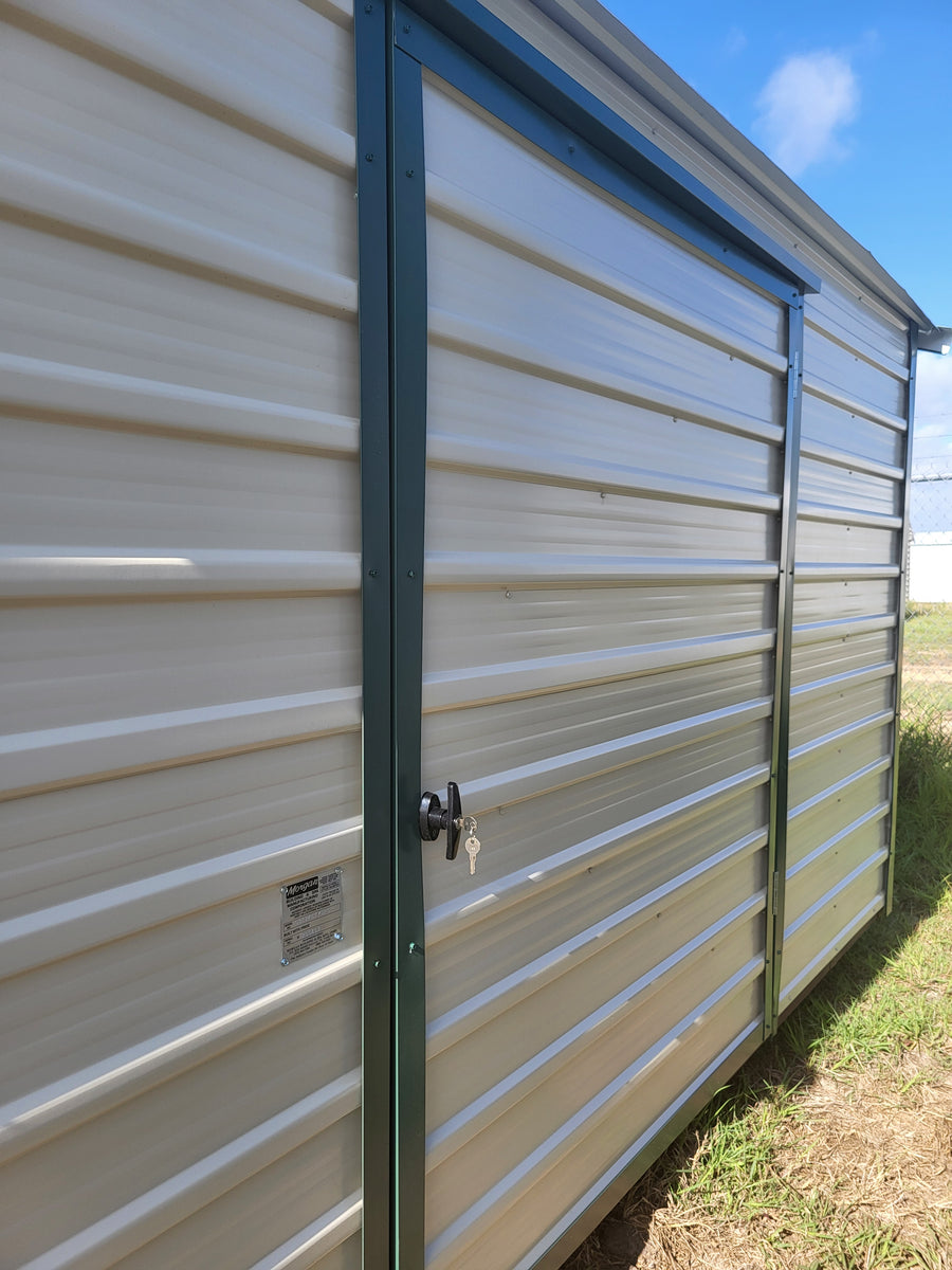 08 x 12 Peak Storage in Tan Steel with Green Trim – Morgan Buildings